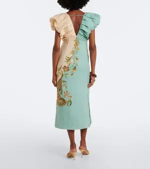 Farm Rio Marine Garden Sand Linen Midi Dress