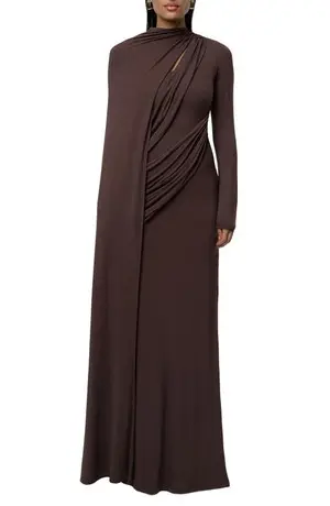 JLUXLABEL Draped Elegance Long Sleeve Gown - Brown