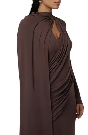 JLUXLABEL Draped Elegance Long Sleeve Gown - Brown