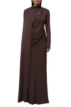 JLUXLABEL Long Sleeve Gown With Draped Elegance - Brown