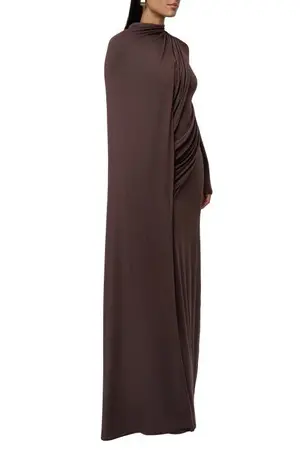 JLUXLABEL Long Sleeve Gown With Draped Elegance - Brown