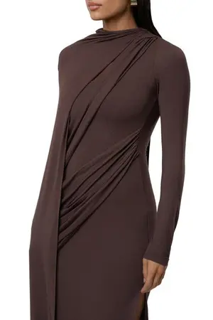 JLUXLABEL Long Sleeve Gown With Draped Elegance - Brown