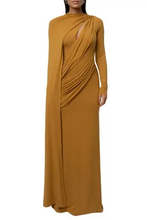 JLUXLABEL Long Sleeve Gown With Draped Elegance - Gold