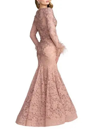 Mac Duggal Long Sleeve Feather Embellished Mermaid Gown