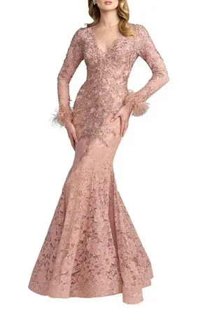Mac Duggal Long Sleeve Feather Embellished Mermaid Gown - Rose