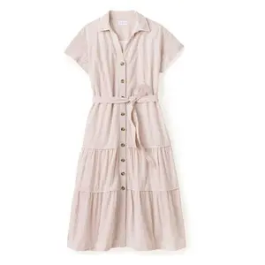 CARTOLINA Adriana Seersucker Midi Shirtdress With Mixed Stripes And Lace Inserts