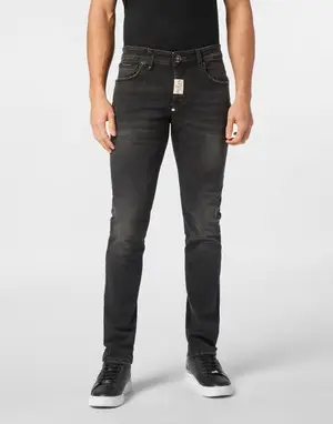 Philipp Plein Super Straight Cut Denim Trousers With Hexagon Logo - Nightcrawler