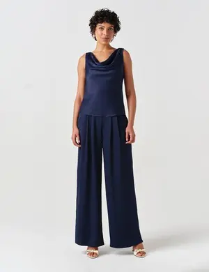 GHOST LONDON Nyla Cowl Neck Satin Top - Navy