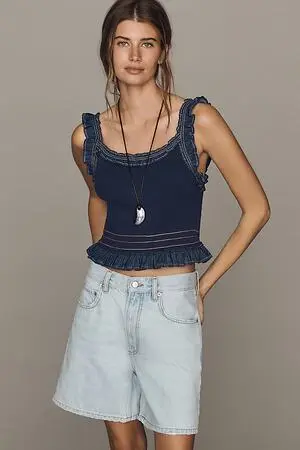 PILCRO Cropped Ruffled Tank Top - Chambray