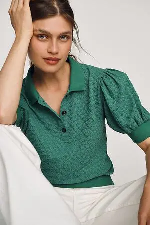 Maeve Puff-sleeve Collared Top - Pine Green
