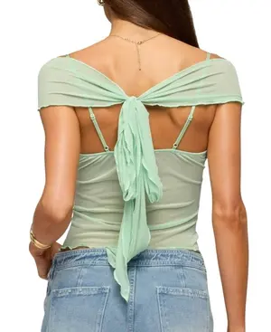 EDIKTED Shoulder Tie Lacey Sheer Mesh Top