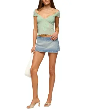 EDIKTED Shoulder Tie Lacey Sheer Mesh Top