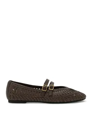 REISS Woven Leather Ballerina Flats With Double Strap Detail - Chocolate