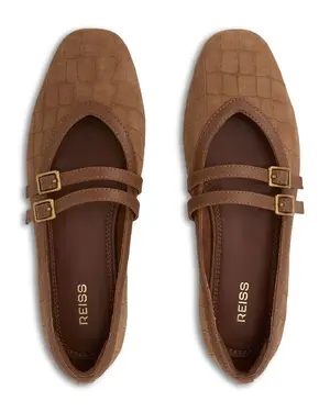 REISS Eliza Croc Embossed Suede Ballet Flats With Buckled Straps