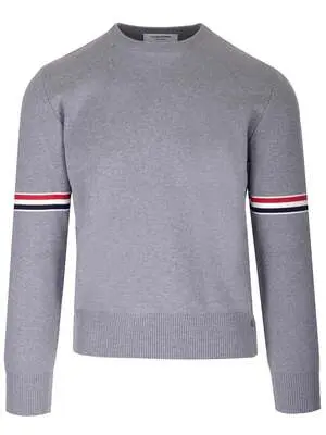 Thom Browne THOM BROWNE Milano Stitch Crew Neck Sweater With Grosgrain Stripe Detail Gray