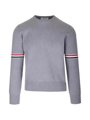 Thom Browne Milano Stitch Crew Neck Sweater With Grosgrain Stripe Detail - Gray