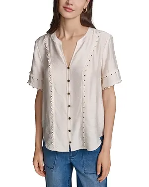 Karl Lagerfeld Paris Gold Tone Nail Head Embellished Top - Bisque