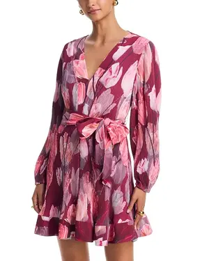 MILLY Liv Printed Pleated Dress - Red Multi