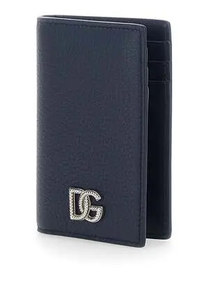 Dolce & Gabbana Blue Cardholder With Logo Plate On The Front In Grained Leather For