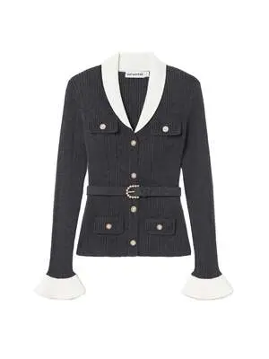 SELF-PORTRAIT Ribbed Knit Cardigan With Contrast Collar And Belt - Multicolor