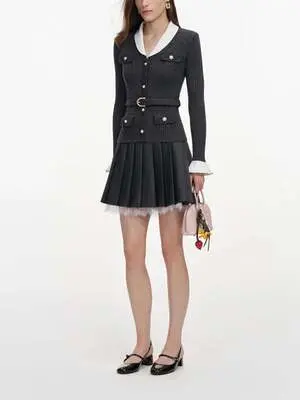 SELF-PORTRAIT Ribbed Knit Cardigan With Contrast Collar And Belt - Multicolor