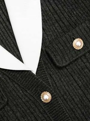 SELF-PORTRAIT Ribbed Knit Cardigan With Contrast Collar And Belt - Multicolor