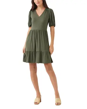 Karen Kane Petite Puff Sleeve Tiered Dress - Olive