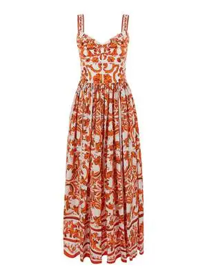 Dolce & Gabbana Cotton Maiolica Print Long Dress - Orange