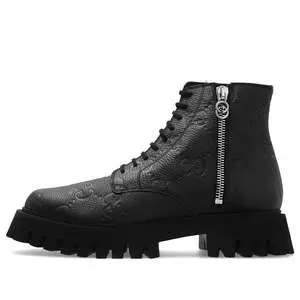 Gucci Embossed Gg Leather Lace-up Boots - Black