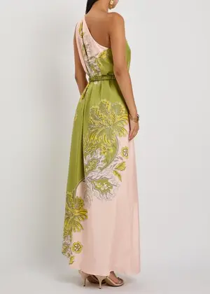 La DoubleJ Printed One-shoulder Silk Maxi Dress With Belt - Pink