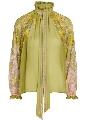 La DoubleJ Cerere Printed Silk Blouse With Detachable Scarf - Green