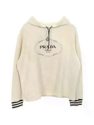 Prada Logo Embroidered Hoodie - Neutrals