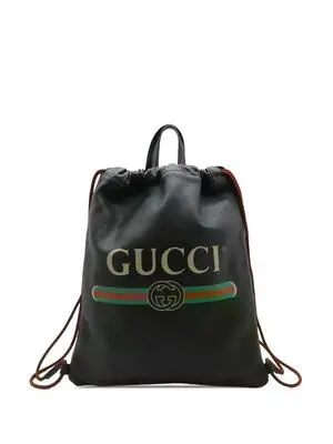 Gucci 2000-2015 Grained Calfskin Web Logo Drawstring Backpack - Black