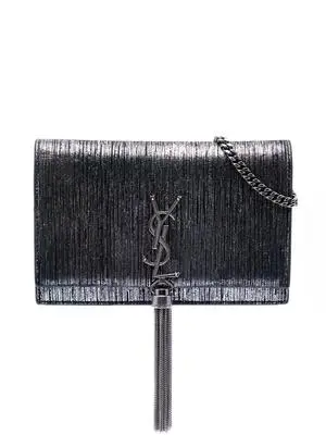 Saint Laurent 2018 Metallic Suede Monogram Kate Tassel Wallet On Chain Crossbody Bag - Silver