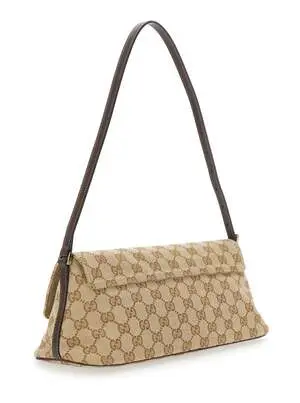 Gucci Gg Canvas Shoulder Bag With Leather Strap - Cream