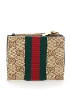 Gucci Beige Wallet With Web Stripe And Zip Closure And Magnetic Button In Gg Canvas For - Multicolor