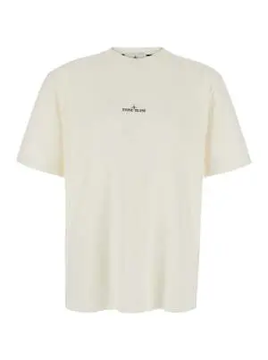 Stone Island Beige Crew Neck T-shirt With Logo Lettering On The Front And Maxi Logo Print On The Back In Cotton For - Multicolor