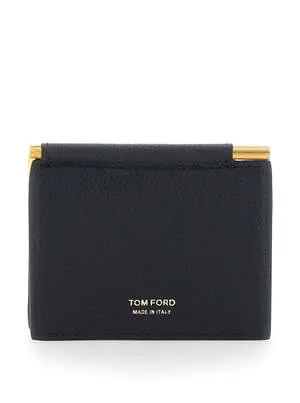 TOM FORD Black Bi-fold Wallet With Money Clip And Logo Lettering On The Front In Leather For - Multicolor