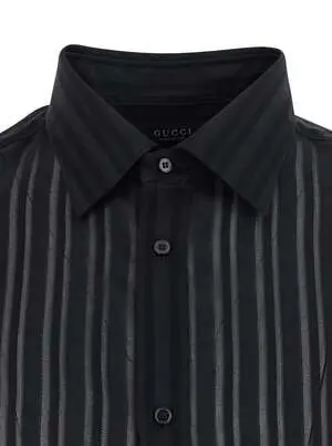 Gucci Black Shirt With Classic Collar And All-over Striped Pattern In Silk For