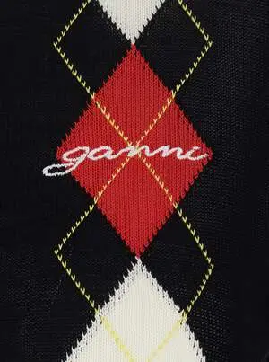 GANNI Crew Neck Cardigan With Argyle Motif - Black