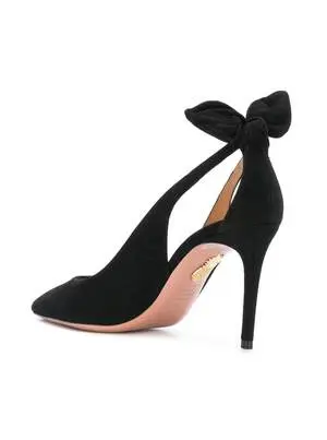AQUAZZURA Suede Pointed Toe Pumps With Bow Detail - Black