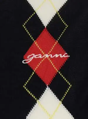 GANNI Short Sleeve Cotton Sweater With Argyle Motif - Black