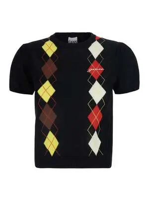 GANNI Short Sleeve Cotton Sweater With Argyle Motif - Black