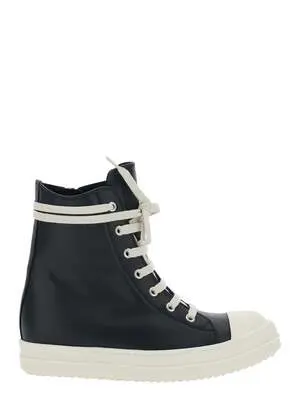 Rick Owens Black Leather High-top Sneakers With Oversized Laces And Side Zip - Multicolor