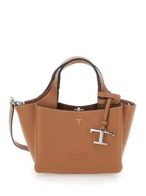 TOD'S Grained Leather Handbag With T Plaque Pendant - Brown