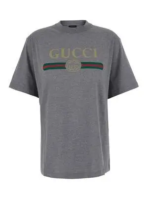 Gucci Gray Crew Neck T-shirt With Logo Print On The Front In Cotton For - Multicolor
