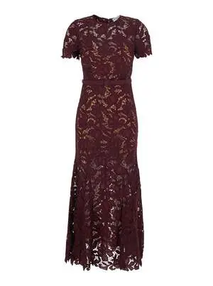 SELF-PORTRAIT Burgundy Long Dress With Lace Details And Round Neckline In Fabric For - Multicolor