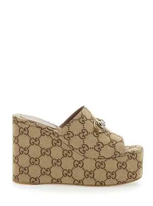 Gucci Carmen' Beige Wedges With All-over Gg Motif And Horsebit Detail In Cotton For - Multicolor