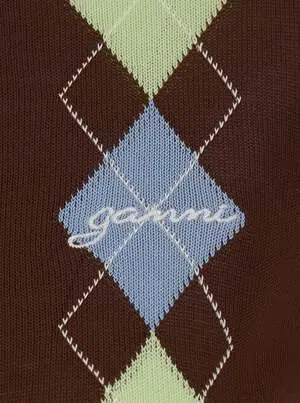GANNI Cotton Argyle Motif Crew Neck Cardigan - Brown