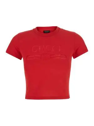 Gucci Cropped Cotton T-shirt With Embossed Logo - Multicolor